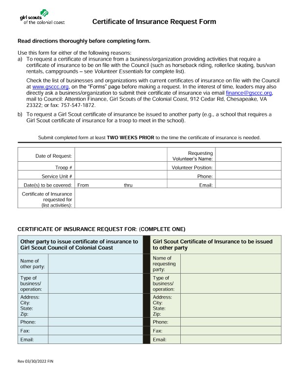 Certificate Of Insurance Request Form Template